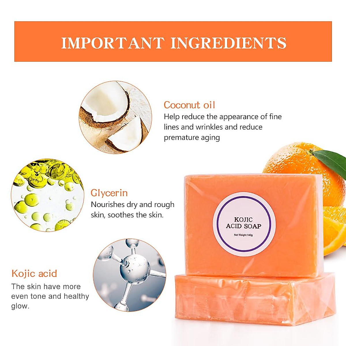LIYALAN Kojic Acid Soap Bar(4.94 oz/2 Bars) Moisturizing Deep Cleansing for Face and Body Smooth Skin Care Products 140g x 2 bars