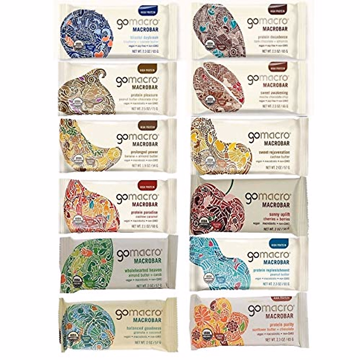 GoMacro Variety Pack, 1 bar each (pack of 12) - 12 Flavors including 3 new flavors