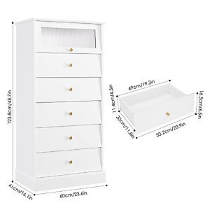 FINETONES 6 Drawer Dresser White Dresser, 48.7'' Tall White Dresser Chest of Drawers, White and Gold Dresser with Glass Drawer, Gold Dresser Modern Dresser for Home Office