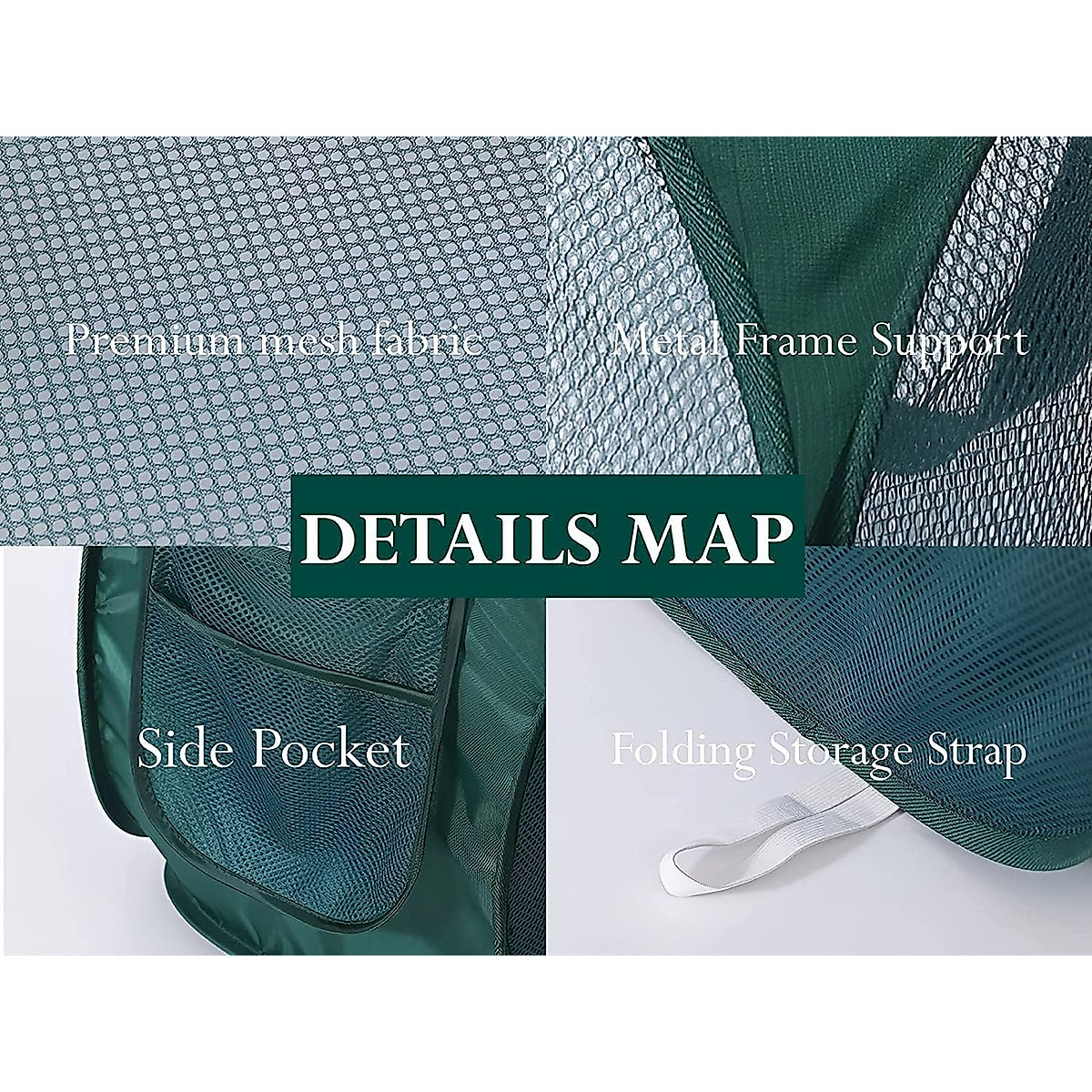 Mesh Pop Up Laundry Hamper, Durable Collapsible Laundry Baskets with Side Pockets, Foldable Clothes Storage Hamper with Reinforced Carry Handles for Dorm, Laundry Room, Kids Room, Green,1 Pack