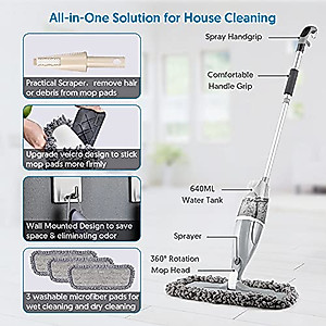 Microfiber Mop Spray Mop for Floor Cleaning - EXEGO Floor Mop Wood Mop Kitchen Mop Dry Wet Mop with 3 Reusable Pads & 640ML Refillable Spray Bottle for Hardwood Floor Ceramic Tiles Floor Cleaning