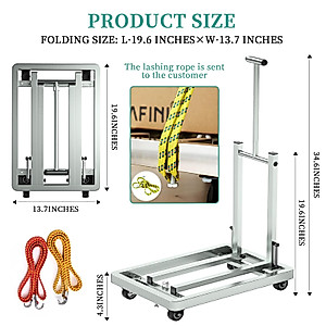 Heavy Duty All Stainless Stee Folding Hand Truck, 500 LB Heavy Duty Luggage Cart, Utility Dolly Platform Cart with 4 Wheels & 2 Elastic Ropes for Luggage, Travel, Moving, Shopping, Office Use