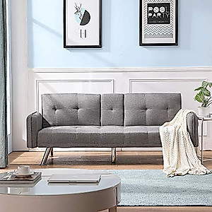JULYFOX 75 inch Wider Futon Sofa Bed, Fabric Sofa Sleeper Bed with Holder Armrest 600lb Heavy Duty for Small Spaces(Light Gray)