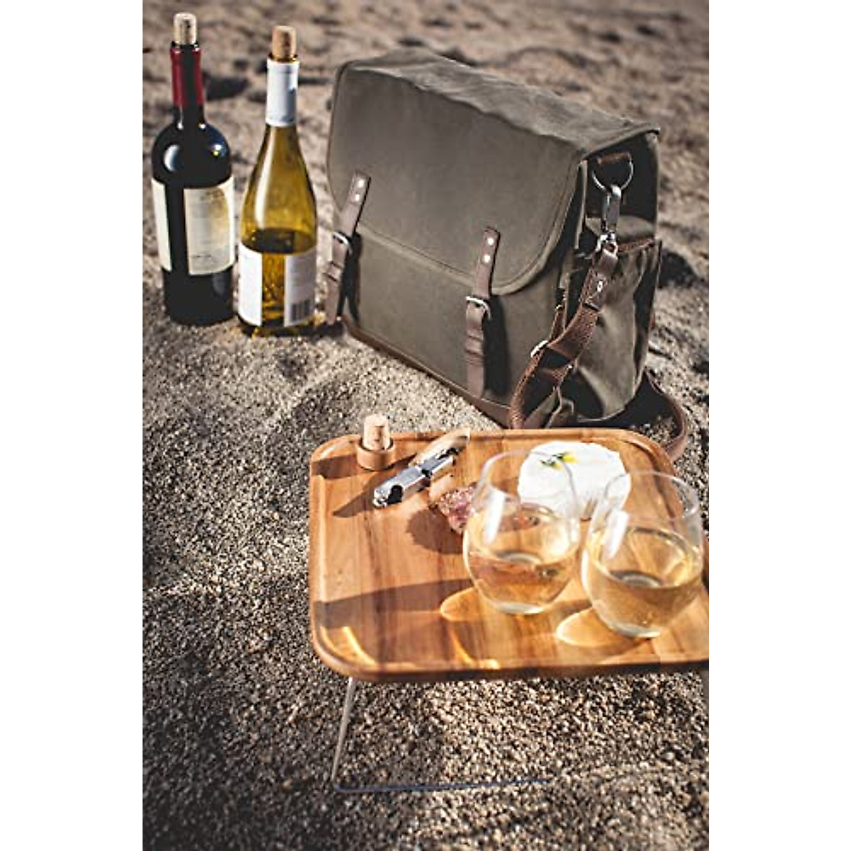 LEGACY - a Picnic Time Brand Adventure Wine Tote Glasses and Mini Table, 2 Bottle Picnic Bag, (Khaki Green with Brown Accents)