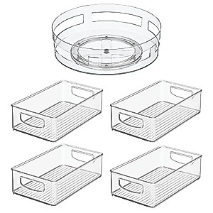 mDesign Plastic Kitchen Storage Bins with Handles and Lazy Susan Turntable Plastic Open Vented Spinner Combo Set for Kitchen, Pantry, Fridge/Freezer, Shelves, or Counter Organizing, Set of 5 - Clear