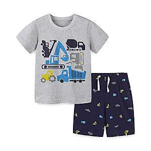 Funnymore Toddler Boy's Summer Clothes,Cotton Short Sleeve T-shirt and Shorts Outfit Clothing Set Grey Truck 3t