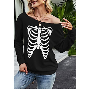 Womens Halloween Sweatshirt Lady Party Sexy Casual Tops Long Sleeve Funny Off Shoulder Wear Skeleton X-Large