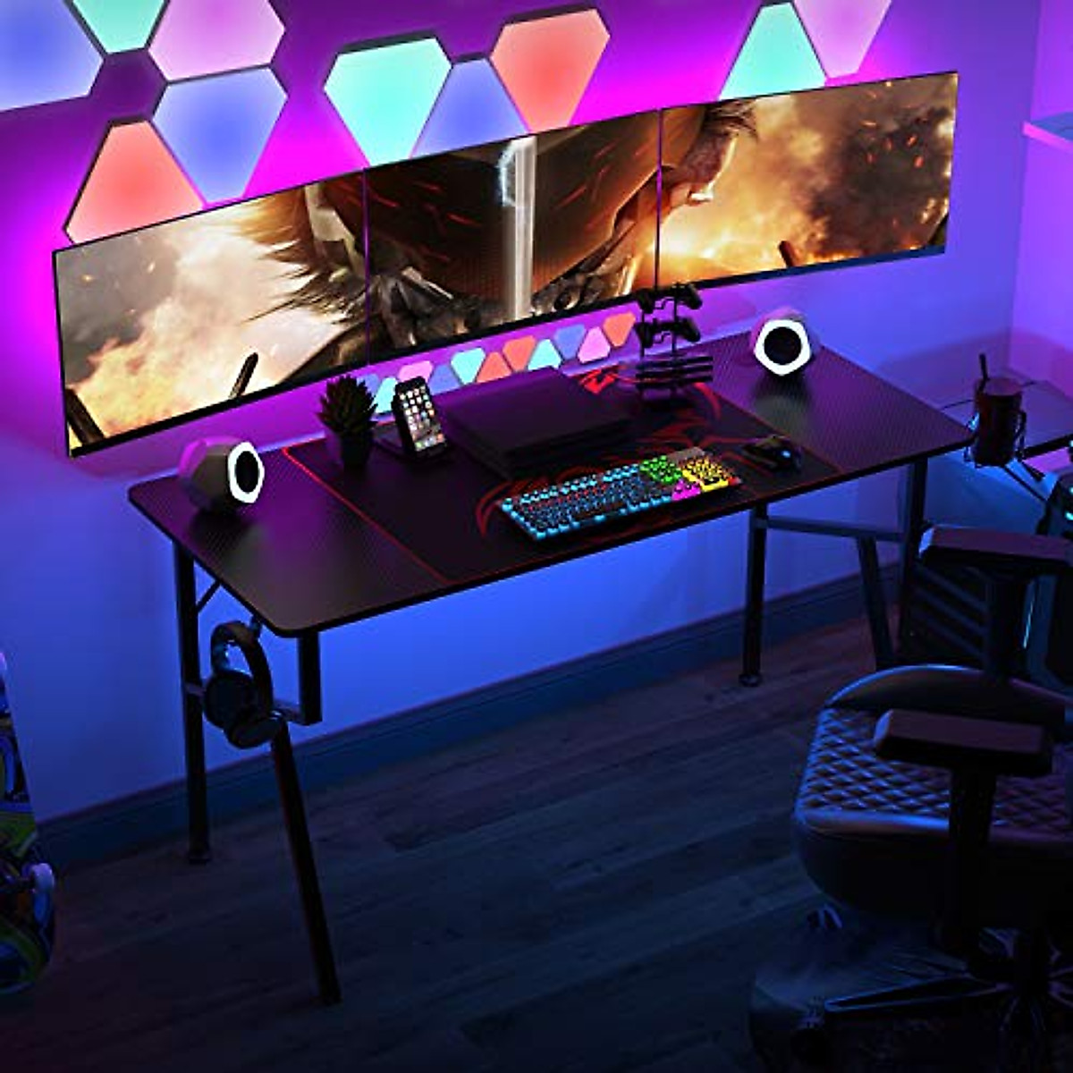 It's_Organized Gaming Desk 55 inch PC Computer Desk, K-Frame Home Office Desk Professional Gamer Workstation with Cup Holder Headphone Hook Gaming Handle Rack Free Mousepad, Black