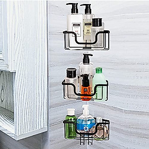 3-Pack Adhesive Corner Shower Shelf, Black Shower Caddy, Wall Mounted Rust Resistant Metal Bathroom Shelf, No Drilling Metal Storage Organizer Racks with Removable Hooks for Kitchen, Toilet and Dorm.