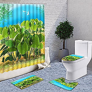 AXISRC Refreshing Green Plant Scenery Shower Curtains 4Pcs Sets Hand Painted Landscape Bathroom Toilet Decor Curtain Set Bath Mats Rugs 71x71inches