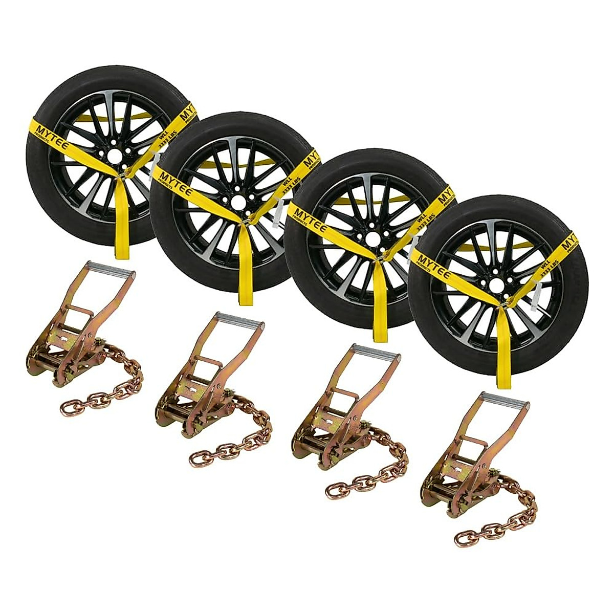 Mytee Products 4 Pack 2" x12' Car Tie Down Straps for Trailer with Chain Extension - 3333 Lbs WLL Lasso Style Tire Straps for Car Trailer with Ratchets - Vehicle Tie Down Wheel Strap for Hauling Cars