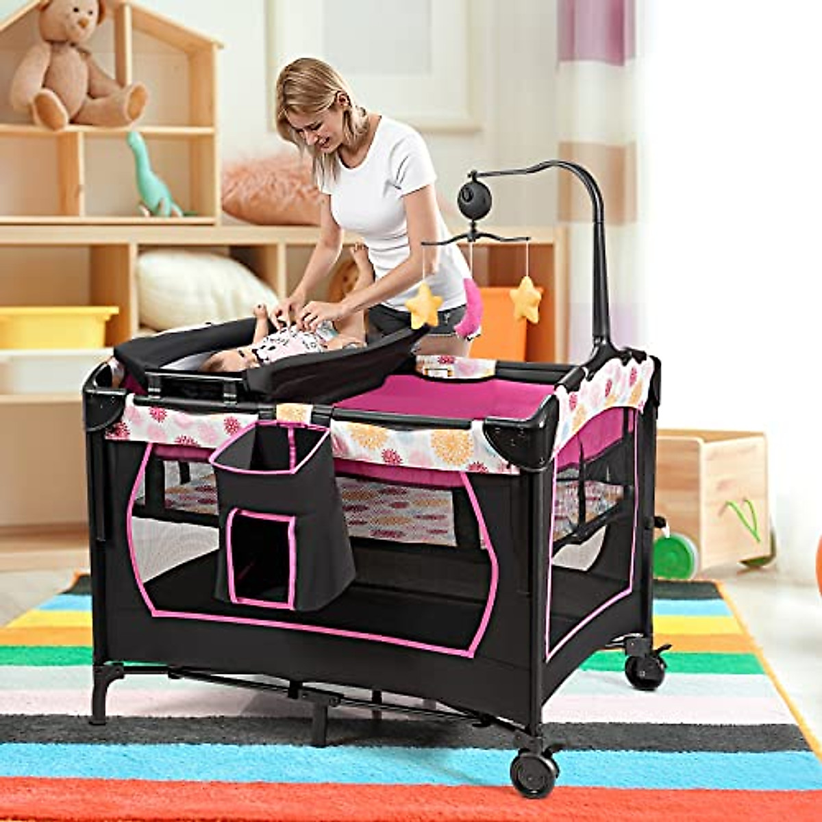 HONEY JOY Pack and Play, 4 in 1 Baby Bedside Sleeper w/Diaper Changing Table & Storage Bag, Toy Rack & Music Box, Portable Baby Playard with Bassinet, Carry Bag for Newborn to Toddlers (Rose)