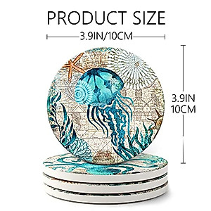 Absorbent Coasters Stone Coaster Set of 8, Cork Base, with Holder, RayPard Beach Theme Sea Life Coastal Coasters for Housewarming Apartment Kitchen Room Bar Decor ,Ocean Life(Black Holder)