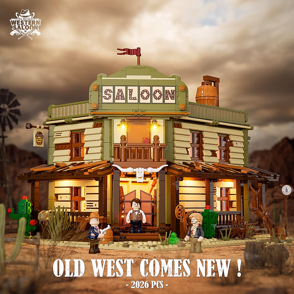 FUNWHOLE Western-Saloon Lighting Building-Bricks Set - The Old West Saloon LED Light Construction Building Model Set 2026 Pcs for Adults and Teen