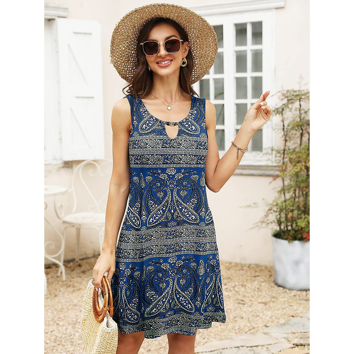 ETCYY Summer Dresses for Women 2025 Trendy Boho Floral Print Beach Cover Up Casual Spring Sleeveless Sundresses(XL.Flower Vintage Blue)