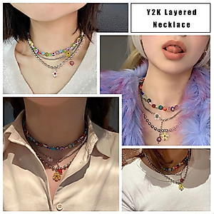 Y2k Necklace Layered Colorful Beaded Necklace Y2K Bead Choker Necklaces with Flower Pendant Indie Jewelry for Teen Girls Woman 3Pcs