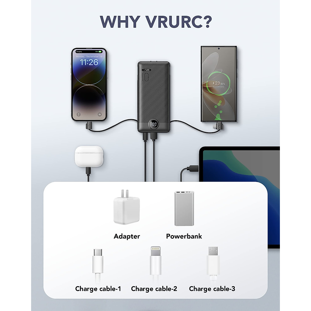 VRURC Portable Charger Built-in Cables and AC Wall Plug, USB C Power Bank 10000mAh, [2023 Upgraded Version] Phone Charger Compact Lightweight External Battery Pack for Smart Phones, Tablets etc-Black