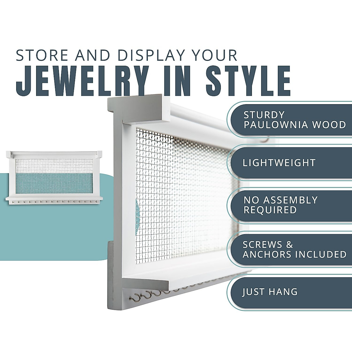 Comfify Rustic Jewelry Organizer - Wall Mounted Jewelry Holder w/Removable Bracelet Rod, Shelf & 16 Hooks - Perfect Earrings, Necklaces & Bracelets Holder - Pure White