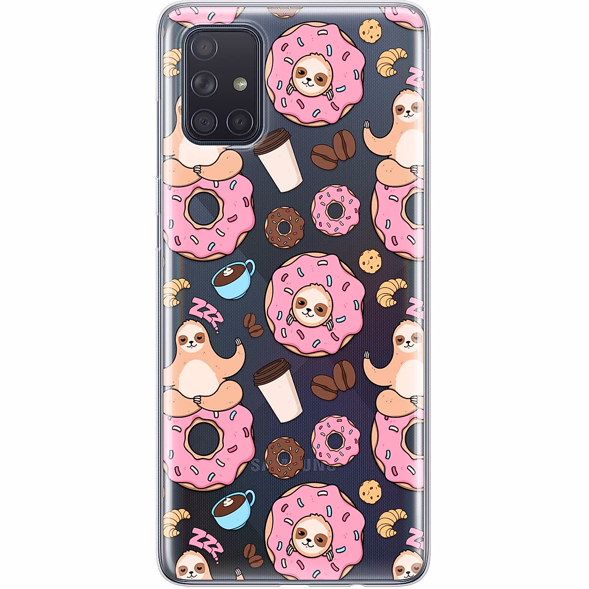Slim TPU Phone Case Compatible with Samsung Galaxy A72 A71 5G A70 A51 A32 A21 A11 A12 A01 Flexible Yoga Clear Cover Sloth Pink Donut Animal Cute Silicone Kawaii Durable Coffee Soft, Sloth Donut