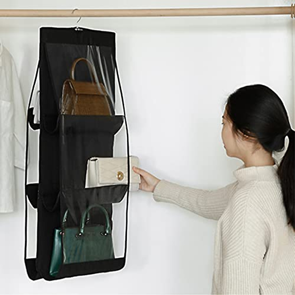 Double-Sided Six-Layer Hanging Storage Bag, High Capacity Transparent Collapsible Non-Woven Hanging Handbag Storage Hanging Bag, Hanging Closet Storage Bag (Purple)