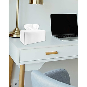 Leather Tissue Box Cover Rectangular – with Bottom Belt [JESMINI, White] Modern PU Leather Long Rectangle Tissue Box Cover Decorative for Bathroom Vanity Countertop/Night Stands/Office Desk