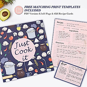Recipe Binder Kit - 3 Ring Full Page Recipe Book Binder 8.5"x11" with 60 Page Protectors, 12 Dividers and Labels for Family Recipe Organizer, Grain Design