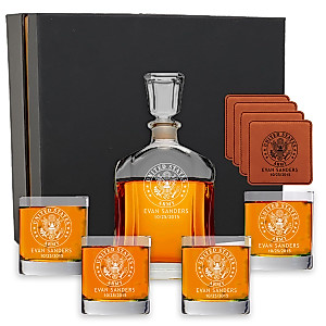 Personalized Military Whiskey Decanter Set - Custom Engraved Decanter & 4 Scotch Glasses - Army, Navy, Air Force, Coast Guard - Active Duty & Veterans