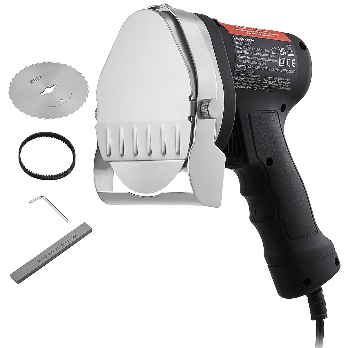 VEVOR Electric Shawarma Knife, 80W Professional Turkish Kebab Knife, Commercial Stainless Steel Gyro Cutter, Doner Kebab Meat Slicer with 2 Blades, Φ4/100mm Blade Diameter, 0-8mm Adjustable Thickness