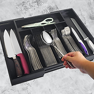 KMYC Silverware Utensil Organizer For Kitchen Drawers,Flatware Cutlery Collection Tray,Bamboo Kitchen Drawer Foldable And Expandable（Black）