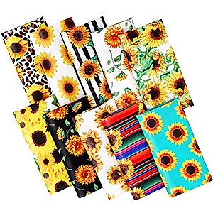 Konsait 10 Pcs Sunflower Fabric, 9.5" x 9.5" Quilters Fabric Squares for Sewing Patchwork, Pre- Cut Bohemia Leopard Print Quarters Quilting Bundles for Handmade Crafts Home Decoration Supplies