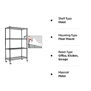 Catalina Creations EFINE 4-Shelf Shelving Units and Storage on Wheels, NSF Certified, Adjustable Carbon Steel Wire Shelving Unit Rack for Garage, Kitchen, Office, Black (50H X 30W X 14D)