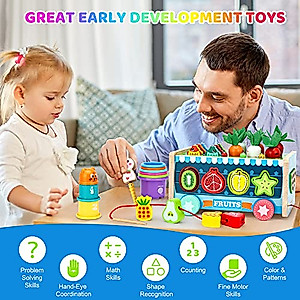 10-In-1 Wooden Montessori Toys for Toddlers, Carrot Harvest, Shapes Sorting &Matching, Stacking Cups, Fruits Lacing Threading,Preschool Learning Fine Motor Skills Game for 1 2 3 4 Years Old Babies