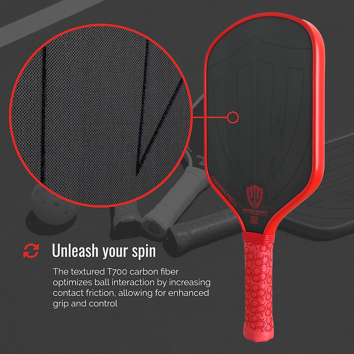 Weekend Warrior Pickleball Paddle - USAPA Approved - T700 Carbon Fiber for Ultimate Spin - Elongated Handle and Shape for Power - Paddle Cover, Paddle Eraser, Lead Tape, Sweatband Included