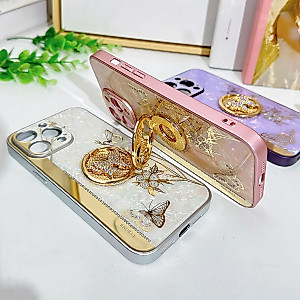 AMAZFCCY iPhone 13 Pro Max 6.7'' Kickstand Case, [Upgraded Metallic Paint] Cute 3D Butterfly Bling Glitter Luxury Rhinestone Hard Back Soft TPU Bumper for Apple iPhone 13 Pro Max 2021 (Purple)