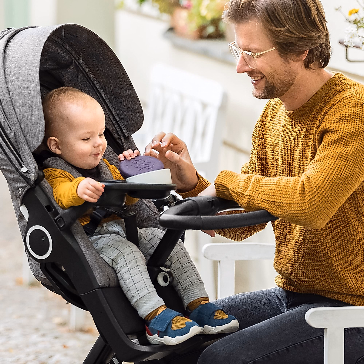 Stokke Stroller Snack Tray, Black - Keeps Cups, Food & Toys Within Child's Reach - Easy to Attach, Remove & Clean - Adjustable Angles - Compatible with Stokke Xplory & Trailz Strollers