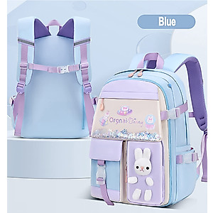 OMGDD 2PCS Kawaii Backpack Set with Lunch Bag,17.7inch Bunny Backpacks for Girls Large Capacity Aesthetic School Bag Cute Bookbags with Beaded Quicksand Pocket & Rabbit Doll,Blue
