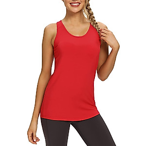 Mippo Workout Tops for Women Athletic Yoga Long Tunic Workout Tops Loose Gym Tennis Shirts Athleisure Clothes Red S