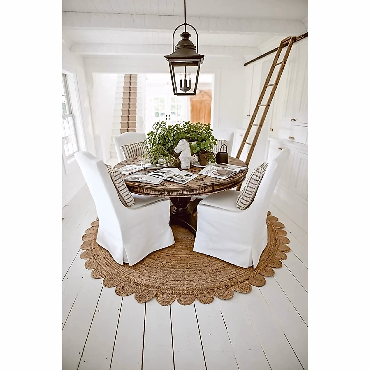 Arise Export Natural Round Jute Jute Area Rug, Floor Scalloped Edge Rug Braided Boho Eco Large Circular Handmade Area Rug, Natural (3x3 Ft Round Rug)