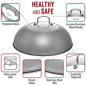 YOSUKATA Wok Lid 13.6 Inch - Premium Stainless Wok Cover with Tempered Glass Insert Steam Holes - Dishwasher-Safe Lid for 14-Inch Wok - Chees Melting Dome for Griddle