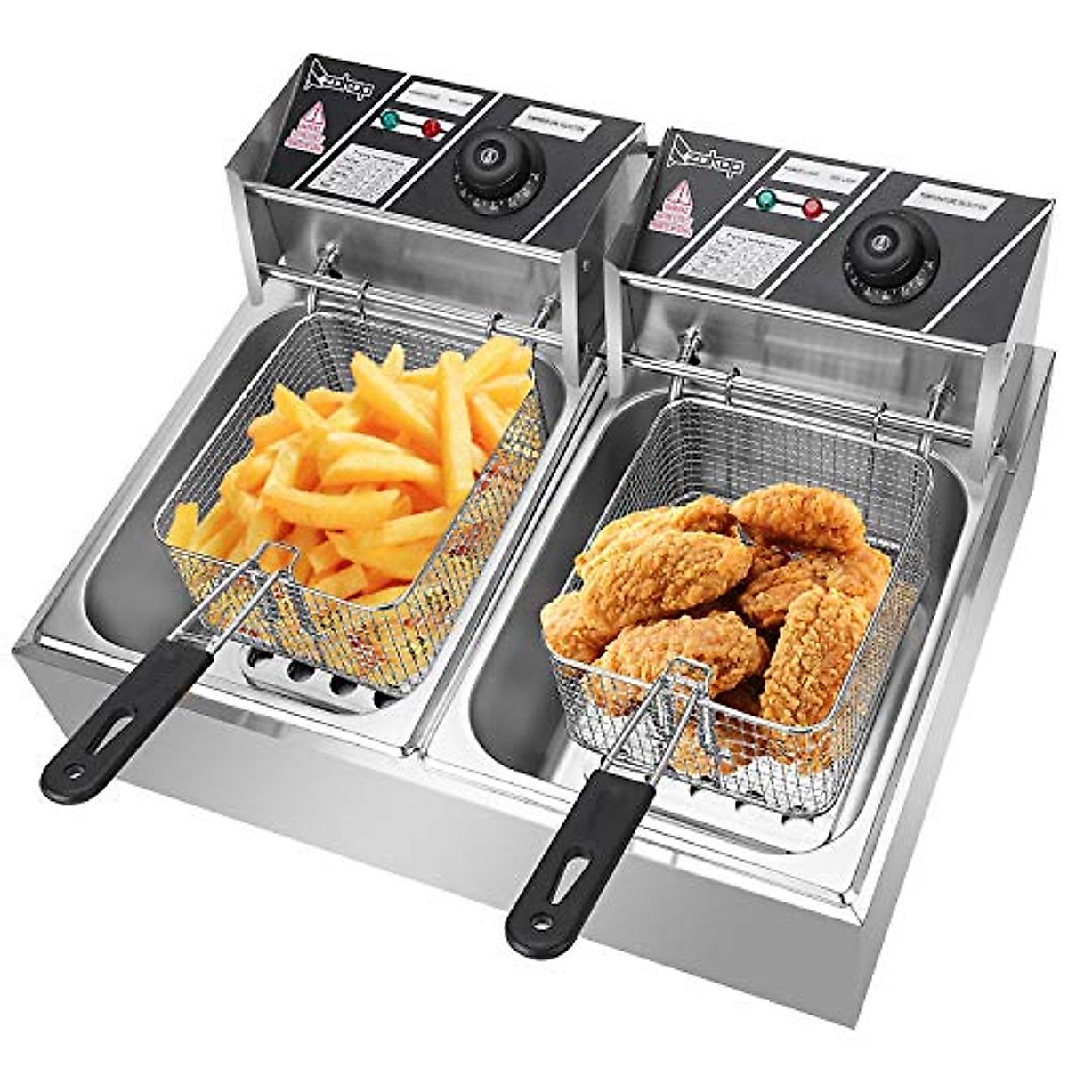 Electric Deep Fryer 23.6L 5000W Stainless Steel Dual Large Tank Basket Lid Countertop Commercial Restaurant