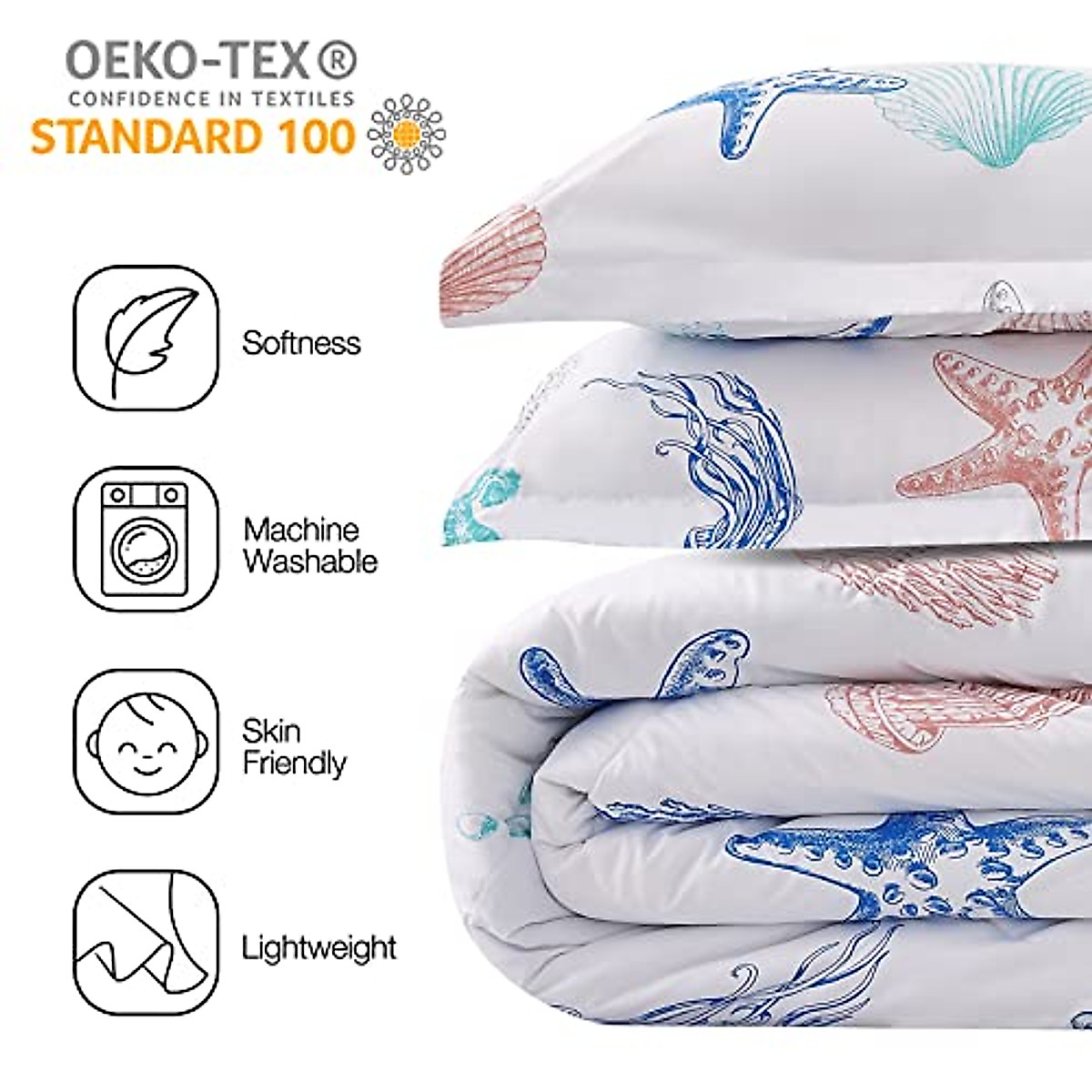JSD Beach Theme 2 Piece Twin Kids Comforter Set, Jellyfish Starfish Shell Printed Comforter with Pillow Sham, Soft Comfortable Machine Washable