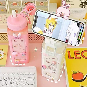 ANSAIR Kawaii Bear Pastel Water Bottle With 3D Sticker 700ml Plastic Travel Tea Juice Milk Portable Cute Shaker Drink Bottle Gift (Color : White)