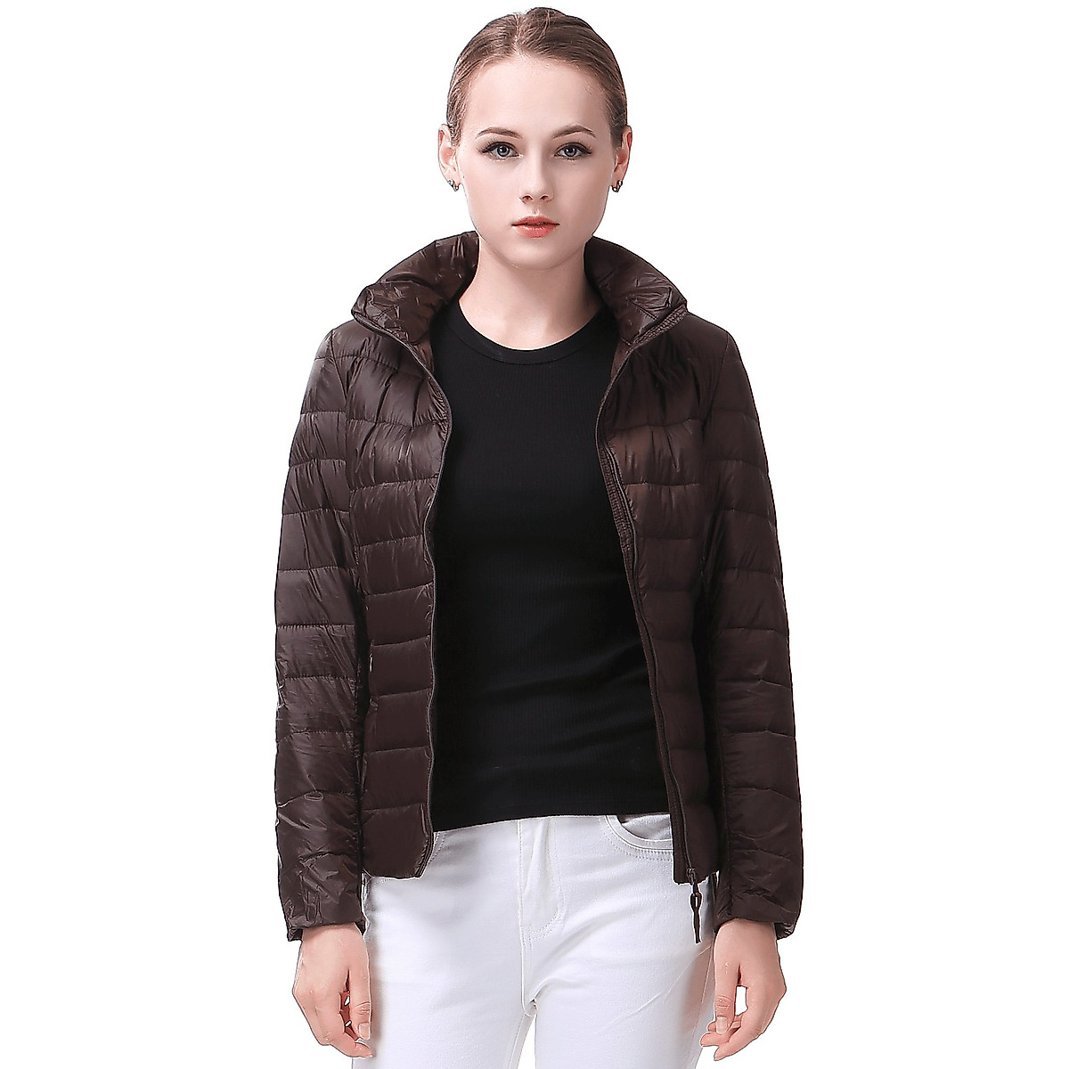 Miya Women's Packable Ultra light Weight Short Down Jacket Coat Stand collar-01Coffee Medium