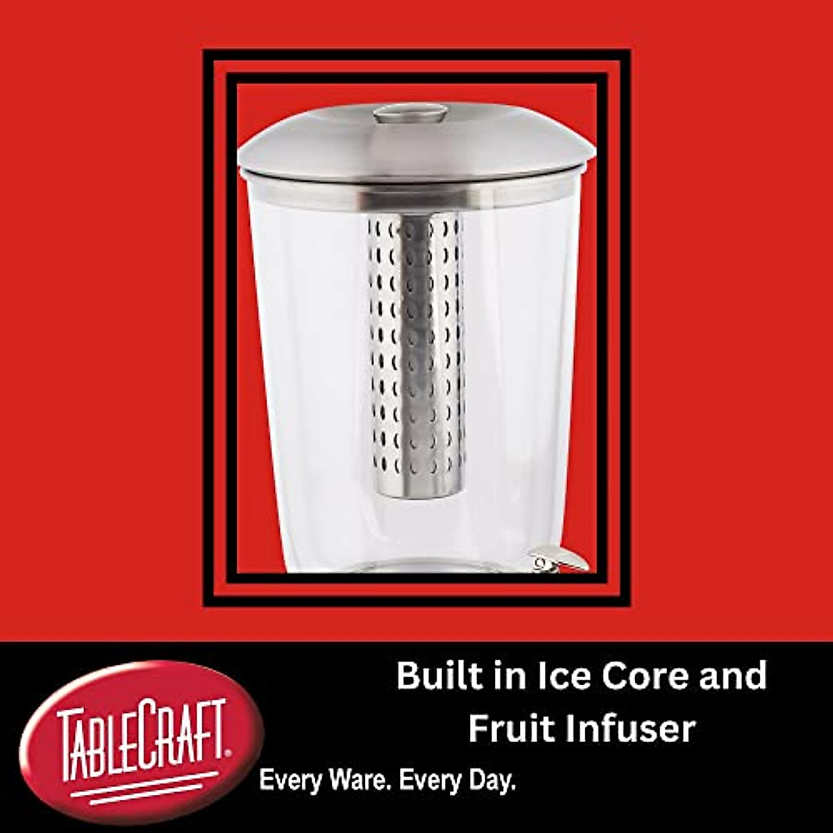 Tablecraft 2.5 Gallon Drink Dispenser with Fruit Infuser & Stand | BPA Free | Tritan Stainless Steel | Cold Beverage Dispenser for Catering, Buffet or Home Use (75)