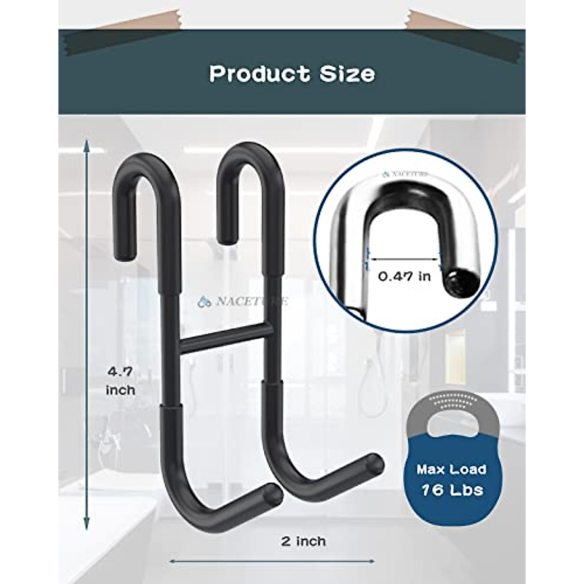 NACETURE Over Shower Door Hooks (3 Pack) Towel Hooks Towel Hanger for Bathroom No Drill Frameless Glass –Stainless Steel Bar Holder, Shower Squeegee Rack, Glass Robe Hook for Organize (Black 3 Pack)