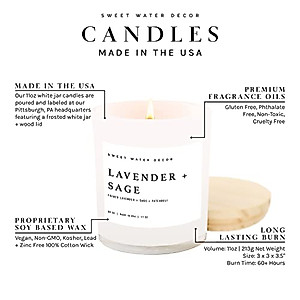 Sweet Water Decor Lavender and Sage Candle | Lavender, Sage, Musk, Patchouli Spa Scented Soy Candles for Home | 11oz White Jar Candle with Wood Lid, 50+ Hour Burn Time, Made in the USA