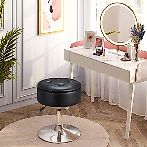 GREENSTELL Vanity Stool with Storage, 19" to 23" Height Adjustable PU Leather Vanity Chair, 360° Swivel Makeup Stool with Removeable Tray, Modern Ottoman for Bedroom Bathroom, Black