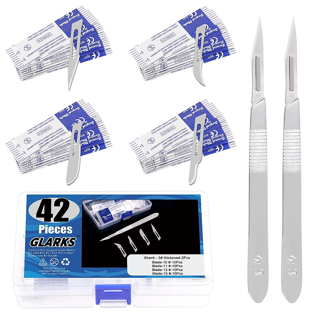 Glarks 42Pcs Surgical Grade Blade with Handle Kit, 40Pcs #10#11#12#15 Disposable Surgical Blade Sterile Scalpel Blade with 2Pcs #3 Scalpel Knife Handle for Biology Lab Anatomy, Practicing Cutting