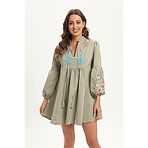 Aofur Women Bohemian Vintage Embroidered Cotton Spring Shift Mini Dress Long Sleeve Casual Tops Blouse (Medium, SR069 Green)