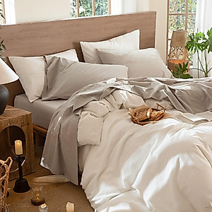 MooMee Bedding Sheet Set 100% Washed Cotton Linen Like Textured Breathable Durable Soft Comfy (Tannish Linen Grey, King)